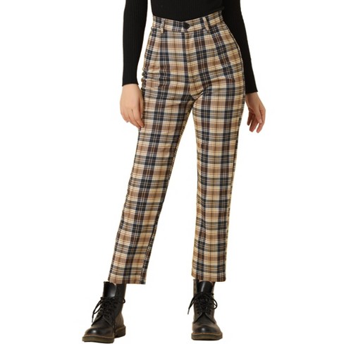 Allegra K Women's Plaid Tartan High Waisted Button Casual Pants Dark ...