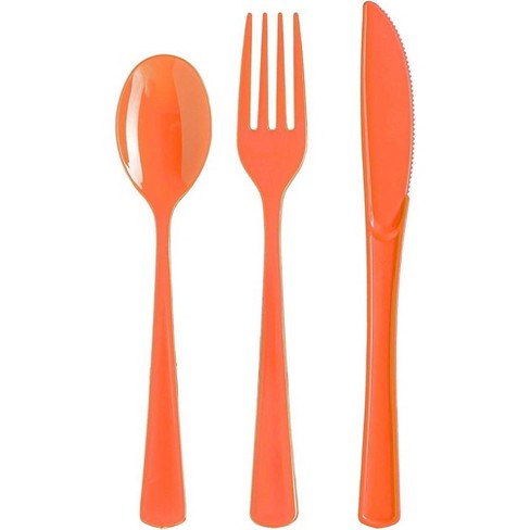 Exquisite Orange Plastic Utensil Cutlery Set Forks Spoons Knives- 150 ...