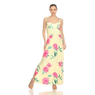Women's Floral Strap Maxi Dress With Side Slit And Pockets Yellow Pink ...