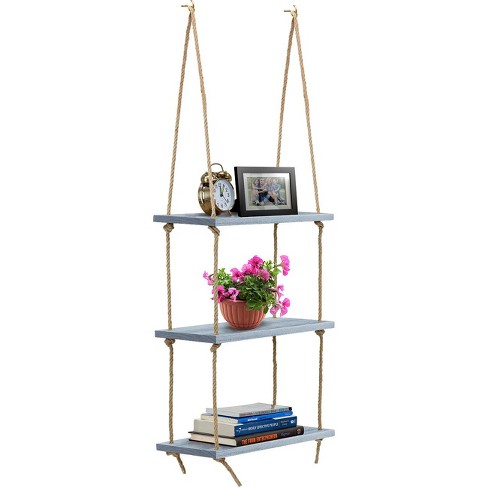 3-tier Sorbus Rustic Wood Hanging Shelf - Storage Rope Organizer Rack ...