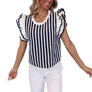 YESFASHION Striped Knit Top with Ruffle Flutter Sleeves Round Neck ...