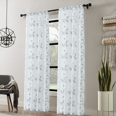 Set Of 2 Modern Threads Sheer Leaf Vines Curtain Panel, White/oyster ...