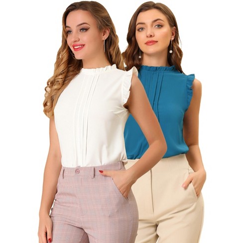 Allegra K Women's Ruffled Crew Neck Office Vintage Sleeveless Blouses 2 ...