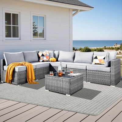 Outdoor Patio Furniture Set, 7 PCS Outdoor Modular Sectional Sofa Set ...