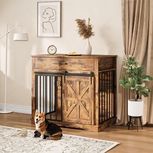 2 In 1 Wooden Iron Dog Crate Furniture, Indoor Pet Kennel with Sliding ...