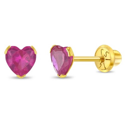 Baby Girls' Birthstone Cz Heart Screw Back 14k Gold Earrings - Pink ...