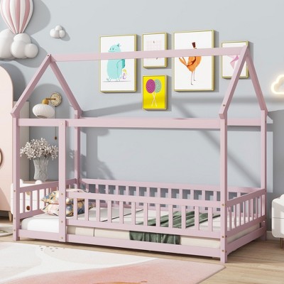 MAYEERTY Twin Size Wood House Floor Bed with Roof Frame, Safety ...