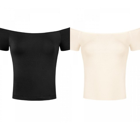 Allegra K Women's Short Sleeves Off The Shoulder Stretchy Fabric Solid ...