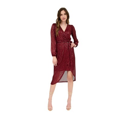 August Sky Women's Sequin Faux Wrap Midi Dress, Burgundy, Medium : Target