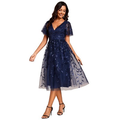 Navy Blue Short Sleeves Leaf Sequin A-line Midi Formal Dresses Eg02230 ...