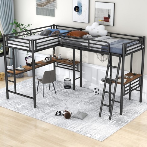 Metal Twin Size Loft Bed With Two Built-in Desks, Black - Modernluxe ...