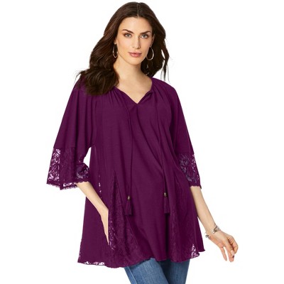 Roaman's Women's Plus Size Lace Tunic - 26/28, Dark Berry : Target