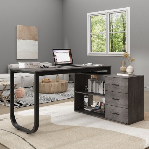 Famapy Gray L-shaped Computer Desk With Storage Drawers And Adjustable ...