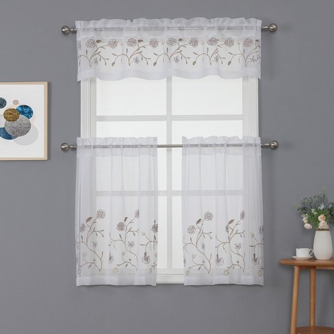 Kate Aurora Complete 3 Piece Embroidered Shabby Floral Roses Sheer Cafe ...