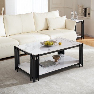 2-Tier Industrial Coffee Table with Marble Effect Top & Metal Frame, 36 ...