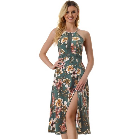 Allegra K Women's Boho Floral Sleeveless Split Halter Neck Sundresses ...
