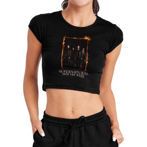 Women's Supernatural Sam Dean Fire Door Cap Sleeve Baby Rib Crop Top ...