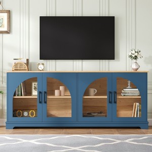 GDFStudio Vincent Farmhouse TV Stand with Semi-Arched Glass Doors, Blue ...