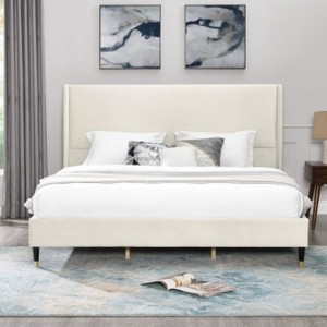 King Size Velvet Wingback Platform Bed with Padded Headboard and Side ...