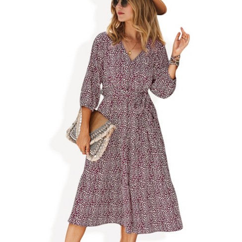 Anna-kaci Women's Leopard Print Midi Dress With Tie Waist And V ...