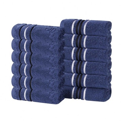 Zero Twist Cotton Solid And Floral Jacquard Face Towel Washcloth Set Of 12, Navy Blue - Blue ...