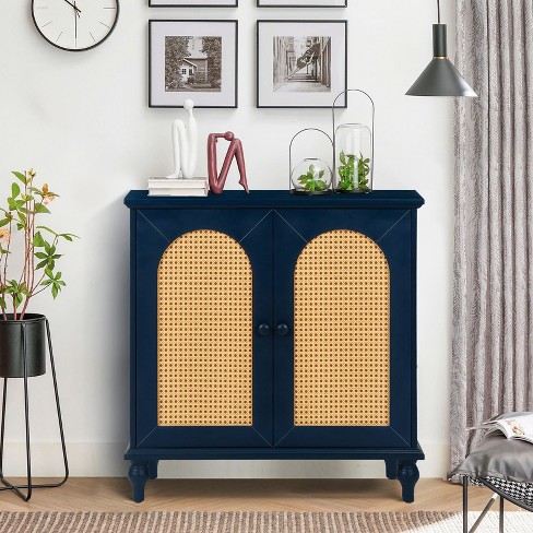 Jamie 31.5" W Rattan Doors Multi-functional Storage Antique Blue Accent ...