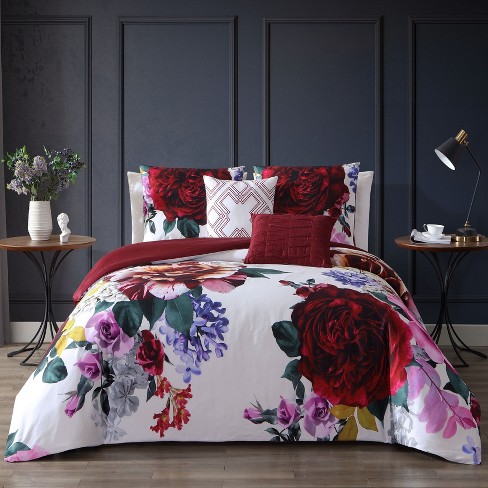 Bebejan Magenta Floral 100% Cotton 5 Piece Reversible Comforter Set ...