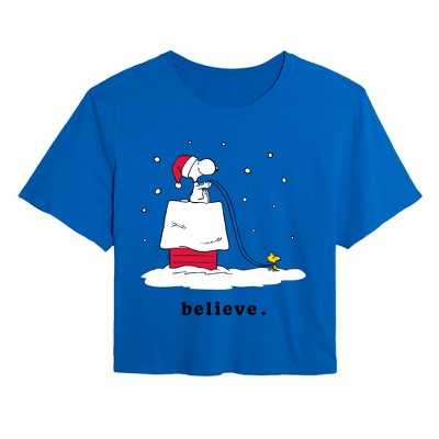 Women's - Peanuts - Snoopy & Woodstock Snowing Believe Cropped Graphic ...