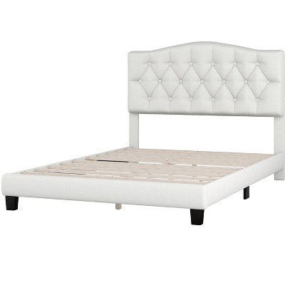 Upholstered Linen Platform Bed Frame With Curved Tufted Headboard Beige ...