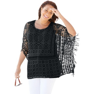 Catherines Women's Plus Size Openwork Fringe Duster - 4x/5x, Black : Target