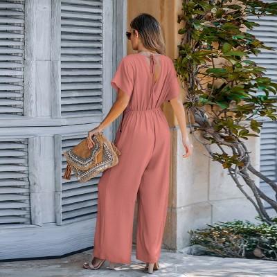Women's Breezy Crinkled Chiffon Surplice Neckline Wide Leg Jumpsuit ...