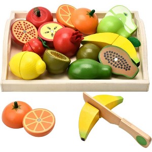 Etokfoks Wooden Pretend Play Food Set 9 Piece Cuttable Fruit with Tray ...