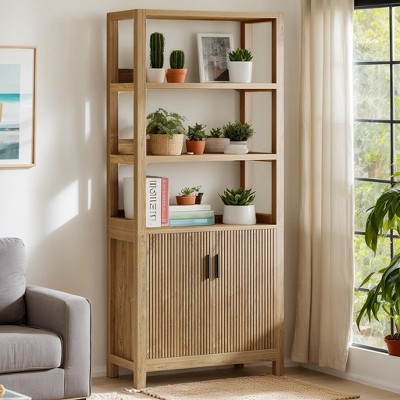 Hommoo 70.9" Wooden Bookcase with 3-Tier Open Shelves and Door Cabinet ...