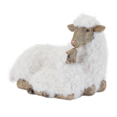 Furry Sheep with Lamb Figurine 11" H Polyresin Faux Fur Farmhouse ...