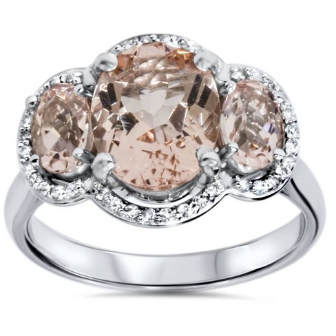 Pompeii3 2 3/4ct 3 Stone Oval Morganite & Diamond Halo Ring 14k White Gold : Target