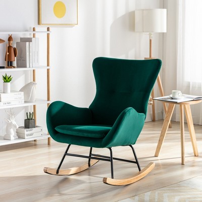 Green Velvet Fabric Upholstered Rocking Accent Chair with High Backrest and Armrests ModernLuxe