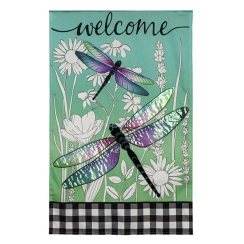Evergreen Dragonflies And Wildflowers Linen House Flag 28 X 44 Inches ...