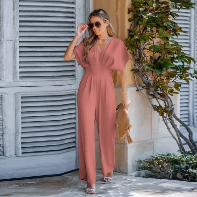 Women's Breezy Crinkled Chiffon Surplice Neckline Wide Leg Jumpsuit ...