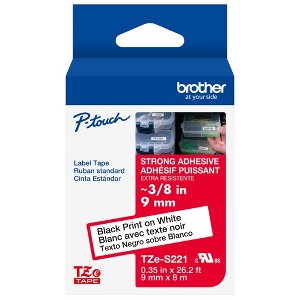 Brother P-Touch TZeS221 Black on White Label Tape: 3/8in x 26.2ft (9mm ...