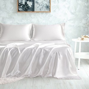 ACOINEL Luxury Satin Bed Sheet Set, Silky Soft Solid Color Bedding ...