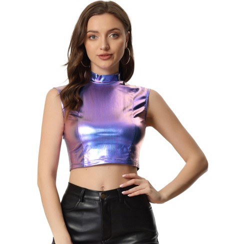 Allegra K Women's Metallic Crop Shiny Sleeveless Holographic Party Tank ...