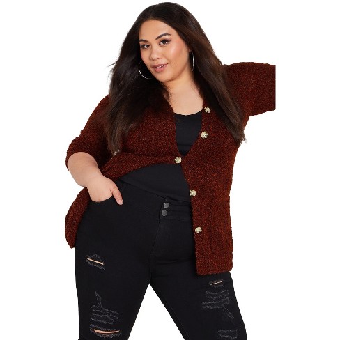 Avenue Women's Plus Size Amber Boucle Cardigan - 20, Bordeaux Combo ...