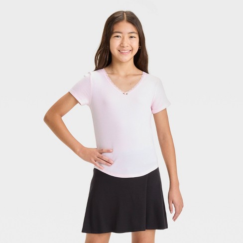 Girls' Short Sleeve Lace Trim V-neck Shirt - Art Class™ Pink M : Target