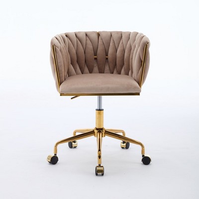 360° Swivel Velvet Vanity Chair with Wheels and Hand Woven Backrest in ...