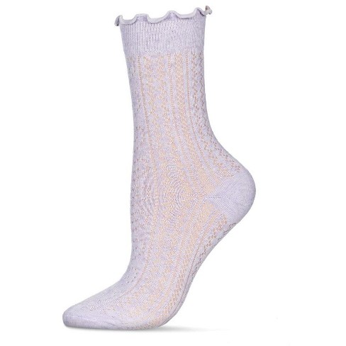 Memoi Women's Heart Ruffle Cuff Pointelle Crew Socks Purple Heather 9 ...