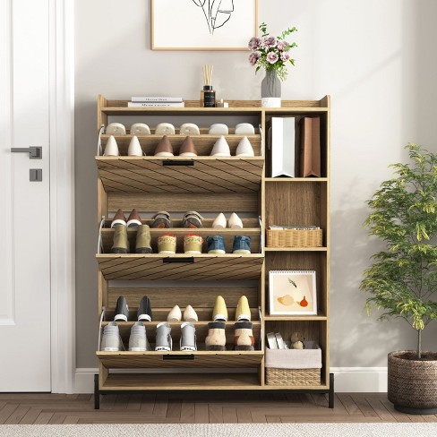 Narrow Hidden Brown Shoe Racks With 3 Flip Drawers And Open Shelves ...