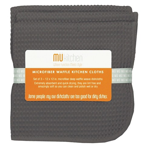 3pk Waffle Microfiber Dish Cloths Dark Gray - Mu Kitchen: Absorbent ...