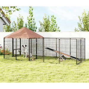 Large Outdoor Dog Kennel with Rotating Adjustable Height Bowls and ...