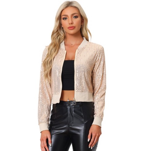 Inspire Chic Women's Sequin Sparkle Front Zipper Cropped Bomber Jacket ...