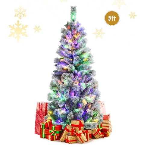 Tangkula 5ft Pre-lit Snow Flocked Christmas Pine Tree, Hinged ...